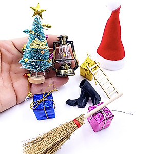HKLMRO 22Pcs Doll House Christmas Decoration Fake Light String Hat Wreath Mini Tree Gift Boxes Dollhouse 1:12 Toyhouse Miniature Model Pretend DIY Fairy Figurines Garden Hanging Ornaments Party