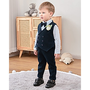 YALLET Toddler Baby Boy Clothes Suit Gentleman Wedding Outfits, Formal Dress Shirt+Bowtie+Vest+Boutonniere+Suspender Pants(V Navy Blue, 2-3T)