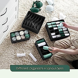 Dresser Organizer, [8 Pk] Black Fabric Dresser Drawer Organizers (4 Sizes With 90 Slots) Foldable Underwear Drawer Organizer Breathable Bins for Bra, Lingerie, Socks, Scarves, Belt, Tie, Baby Clothes.