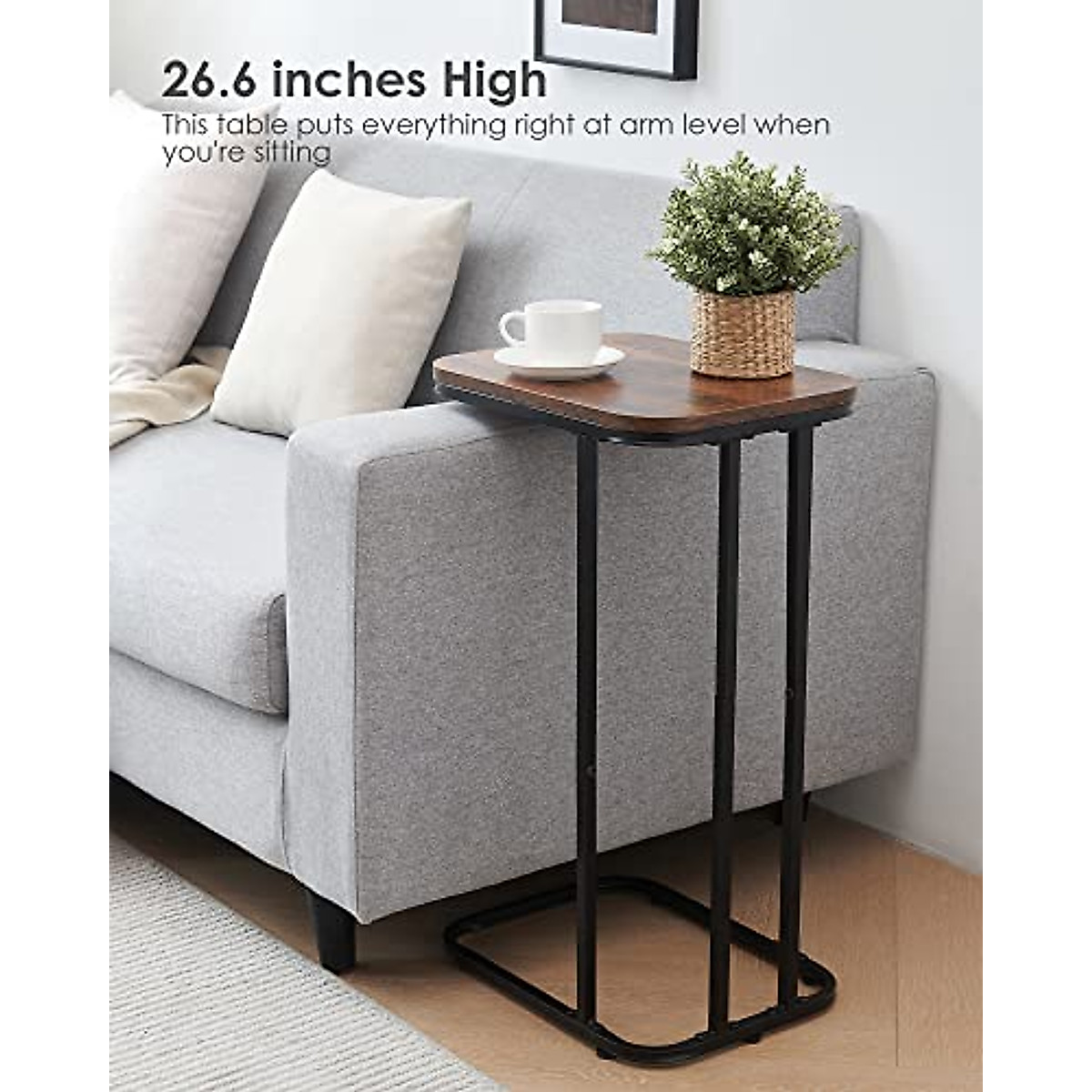 KJGKK C Shaped End Table, 26.6 inches High Side Table for Couch Sofa Bed, Tv Tray, for Living Room, Bedroom, Small Spaces, Metal Frame, Industrial, Rustic Brown & Black