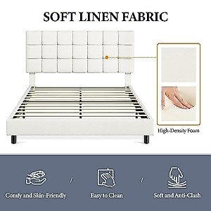 Yaheetech Queen Upholstered Bed Frame, Platform Bed Frame with Square Tufted Fabric Headboard Height Adjustable, Wooden Slats Support, No Box Spring Needed, Beige