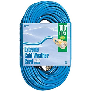 Snow Joe SJ627E Electric Walk-Behind Snow Blower w/Dual LED Lights, 22-inch, 15-Amp & Woods 2436 16/3 Outdoor Cold-Flexible SJTW Extension Cord, Blue with Lighted End, 100-Foo