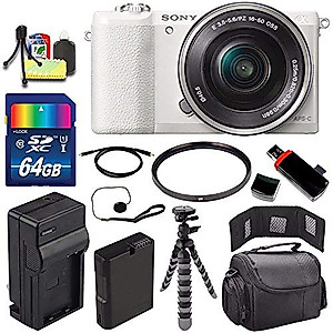 Sony Alpha a5100 Mirrorless Digital Camera with 16-50mm Lens (White) + Battery + Charger + 64GB Bundle 3 - International Version (No Warranty)
