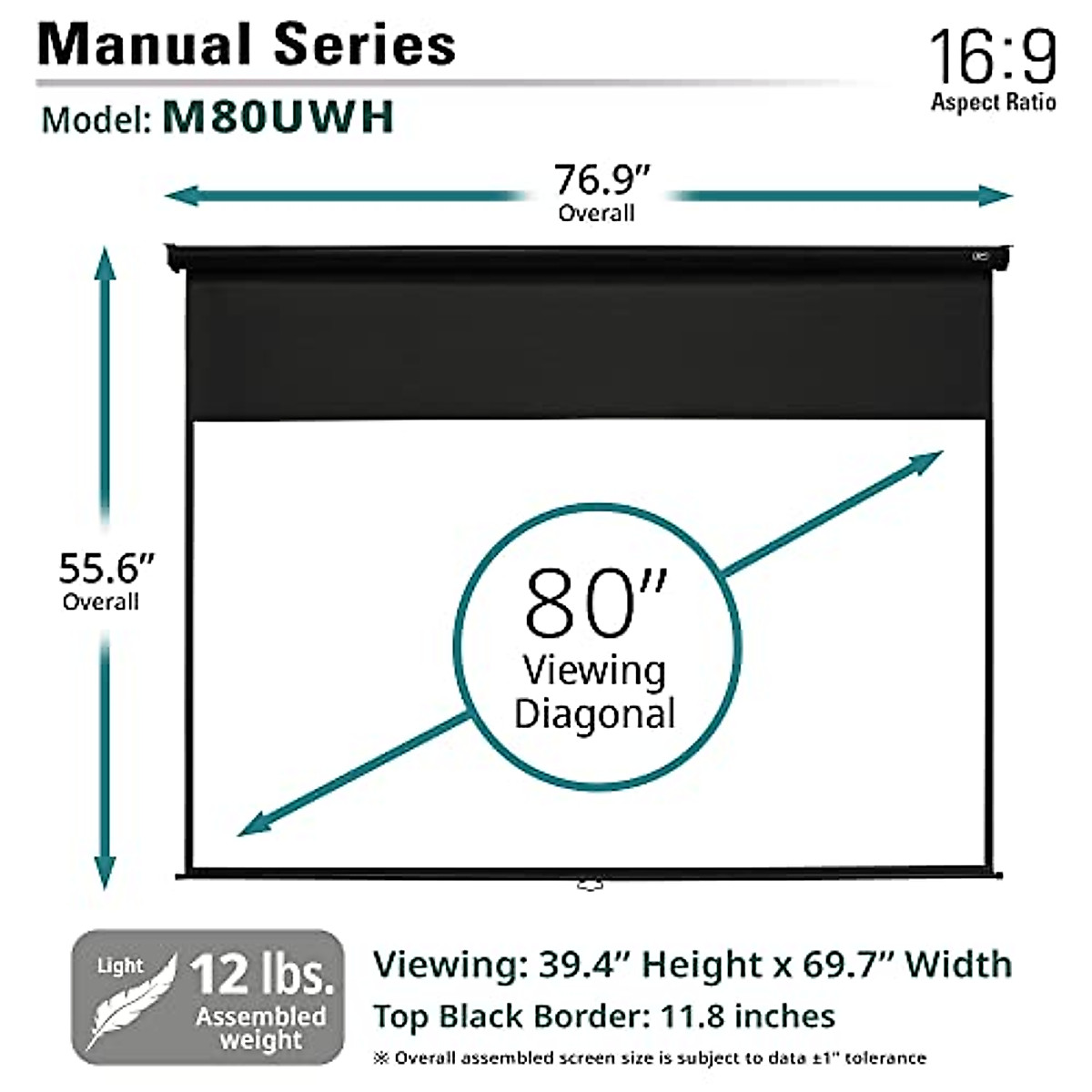 Elite Screens Manual Series, 80-INCH Pull Down Manual Projector Screen with AUTO LOCK, Movie Home Theater 8K / 4K Ultra HD 3D Ready, 2-YEAR WARRANTY, M80UWH, 16:9, Black