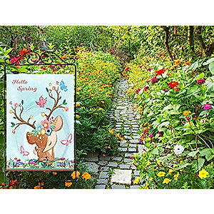 Hello Spring Flag,Spring Garden Flag Double Sided Welcome Burlap Seasonal Elk Spring House Flags 28x40 Inch Summer Yard Signs Outdoor Decor for Homes,Gardens, Patio or Lawn with 2 Grommets
