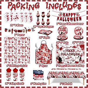 Halloween Party Supplies Tableware Set, Bloody Halloween Party Decorations, Halloween Scary Bloody Plates and Napkins Cups Plastic Tablecloth Dinnerware Set for Zombie Horror Theme Party Decorations
