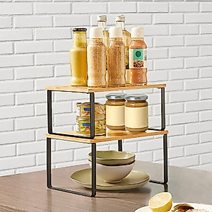 YONDERLIVICE Cabinet Shelf Organizers, Set of 2 Stackable Cabinet Organizers, Kitchen Counter Organizer, Expandable Spice Racks, Metal and Bamboo, Black and Natural