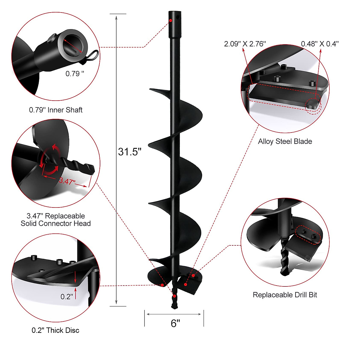 LONGRUN Post Hole Auger for Garden Fence Post, 6" x 31.5" Earth Auger Drill Bit, 0.79”(20mm) Inner Shaft Auger Bit for Planting Trees and Bedding, Bulbs, Seedlings, Gardening, Large Fencing Digger