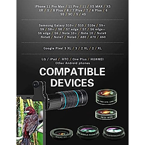Phone Camera Lens Kit 10 in 1 for iPhone Samsung Pixel Android, 22X Telephoto Lens, 0.63Wide Angle Lens&15X Macro Lens, 198° Fisheye Lens,Kaleidoscopes, CPL+Tripod，for Most Smartphone