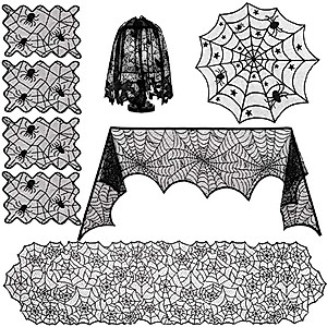 Sunnyglade 8 Pack Halloween Spider Cobweb Lace Tablecloth Set,Fireplace Mantel Scarf & Lace Table Runner & Round Table Cover & Spider Lampshade & Rectangular Placemat for Halloween Party Decorations