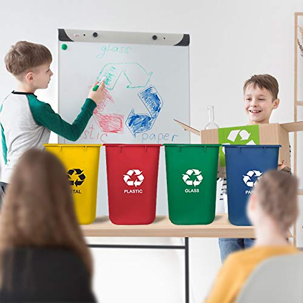 Acrimet Wastebasket Bin for Recycling 27QT (Made of Plastic) (Metal/Yellow, Paper/Blue, Glass/Green, Plastic/Red) (Set of 4)