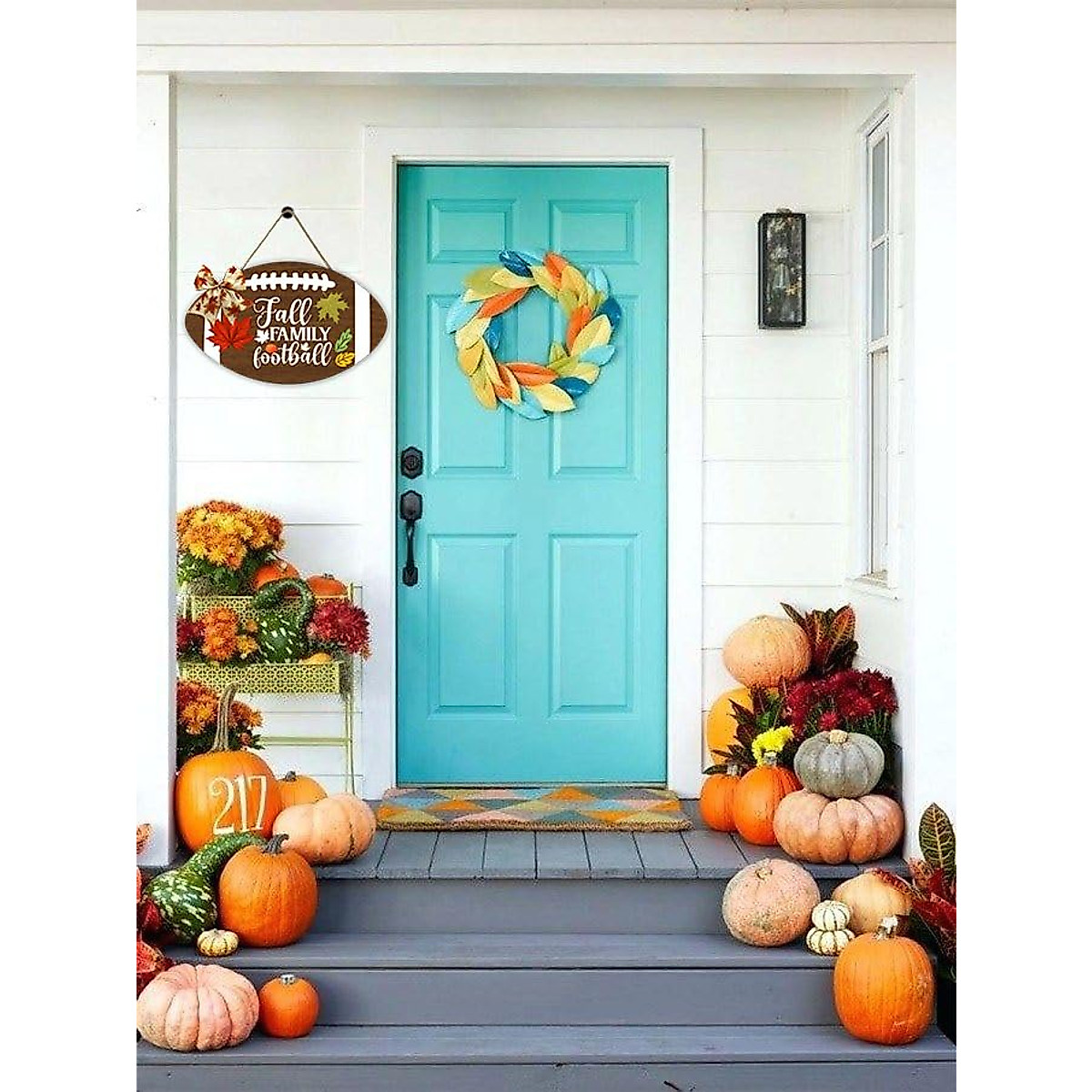 Muroanmi Fall Welcome Sign for Front Door, Fall Family Football Sign, Farmhouse Front Door Signs Seasonal Rustic Wooden Home Sign Football Sports Lover Home Décor 12Inch