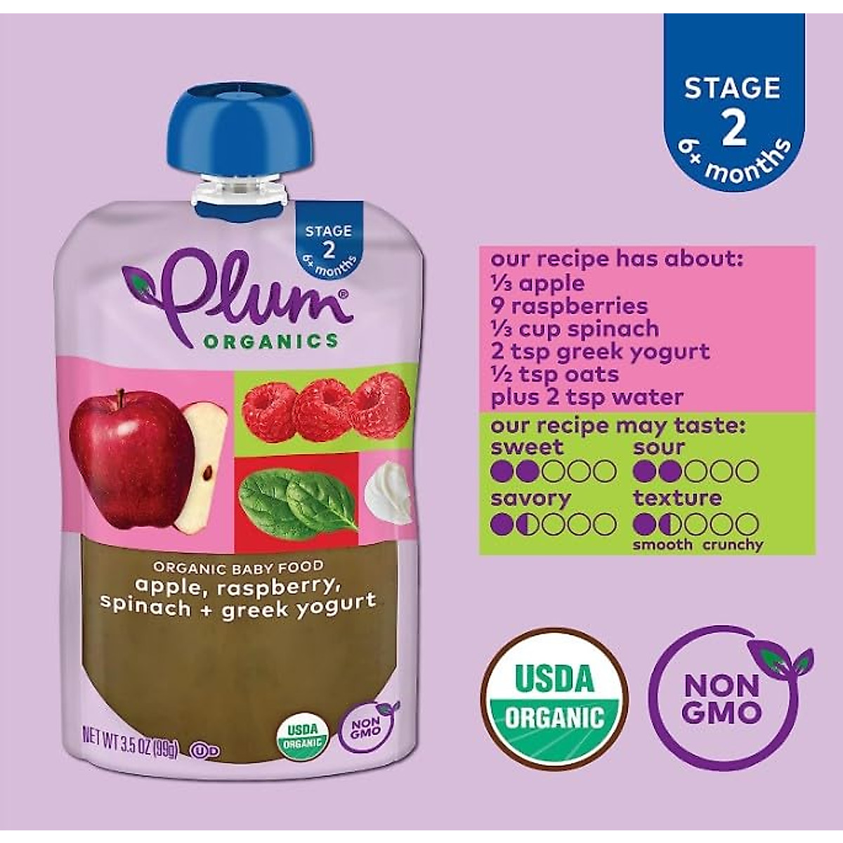Plum Organics | Stage 2 | Organic Baby Food Meals [6+ Months] | Apple, Raspberry, Spinach & Greek Yogurt | 3.5 Ounce Pouch (Pack Of 6) Packaging May Vary