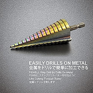 FEWELL M2 Titanium Step Drill Bits 3 Pieces,Straight Flute Step Bit（4mm—12/20/32mm),Hex Shank Unibit for Metal, Wood, Stainless Steel, Plastic（29 Size）