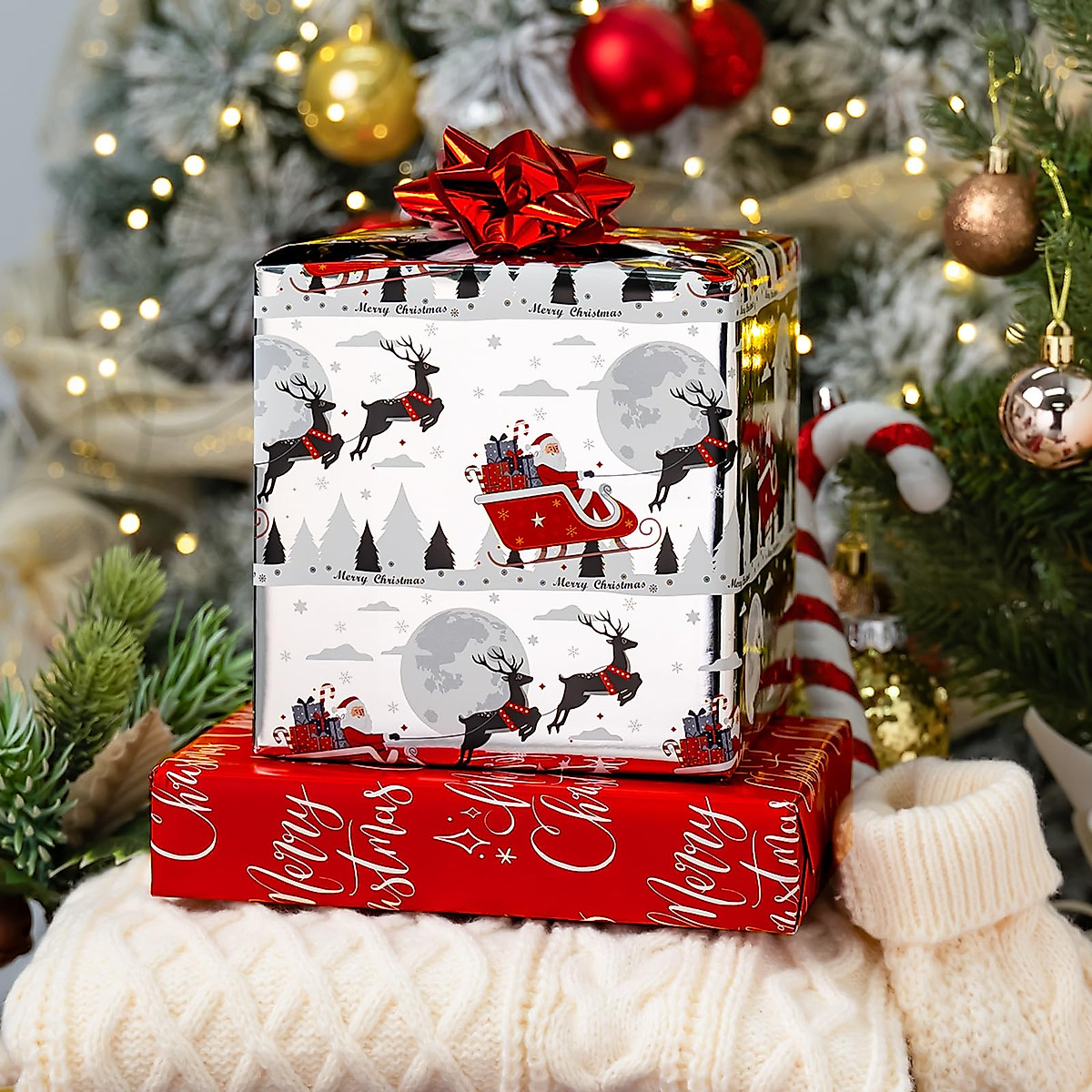 MAYPLUSS Reversible Christmas Wrapping Paper - 17 Inch X 33 Feet - Creative Red Santa Claus Riding a Sleigh Delivering Presents with Metallic Foil Design Winter Gift Wrap Paper for Holiday, New Year