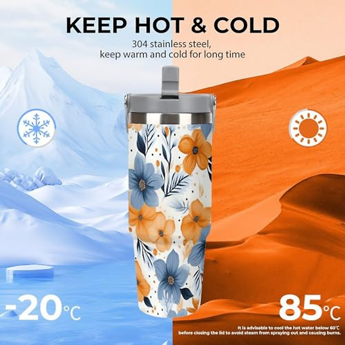 SYJTGDE Large Capacity Car Cup Blue And Orange Flowers Fashionable Upgrade Car Cup Advanced And Beautiful Travel Cup