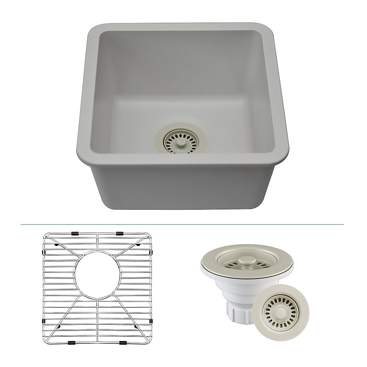 15" x 15" Quartz Kitchen Sink, Single Bowl Kitchen Sinks, Drop in Kitchen Sink, Granite Composite Kitchen Sink, Undermount Sink, Galaxy White Kitchen Sink, Includes Grid, Strainer, Flange, LP-1515-W