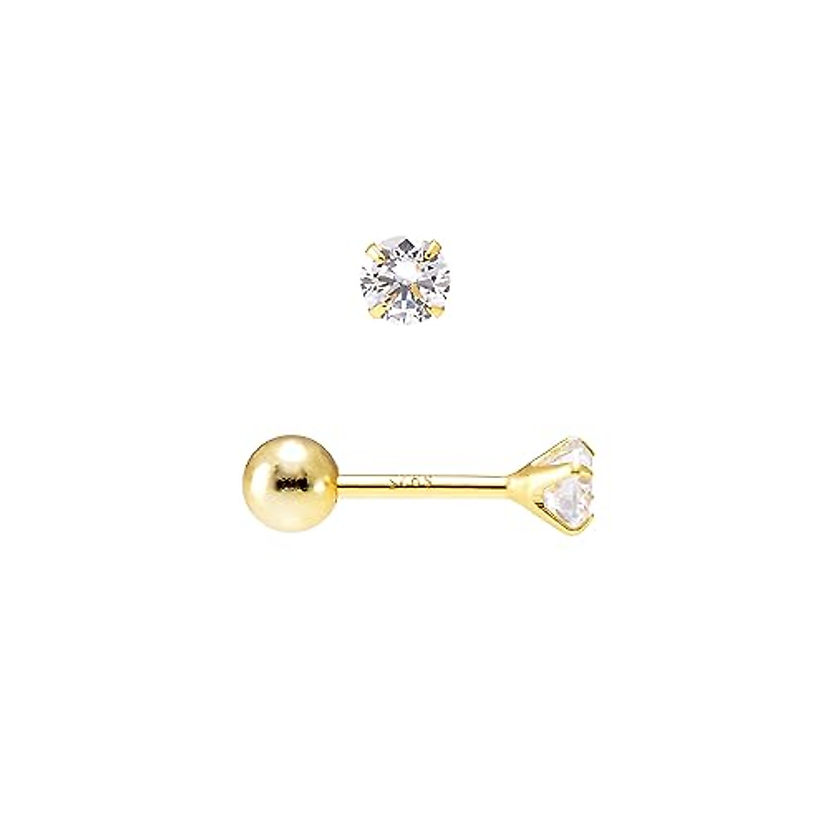 3 MM Cubic Zirconia Sterling Silver Plated Yellow Gold Stud Earrings for Women, Screw Ball Backing