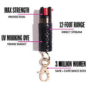 BLINGSTING Essentials Maximum Strength Pepper Spray Keychain for Women, 12-Foot Spray Range, UV Marking Dye - Glitter Sparkles