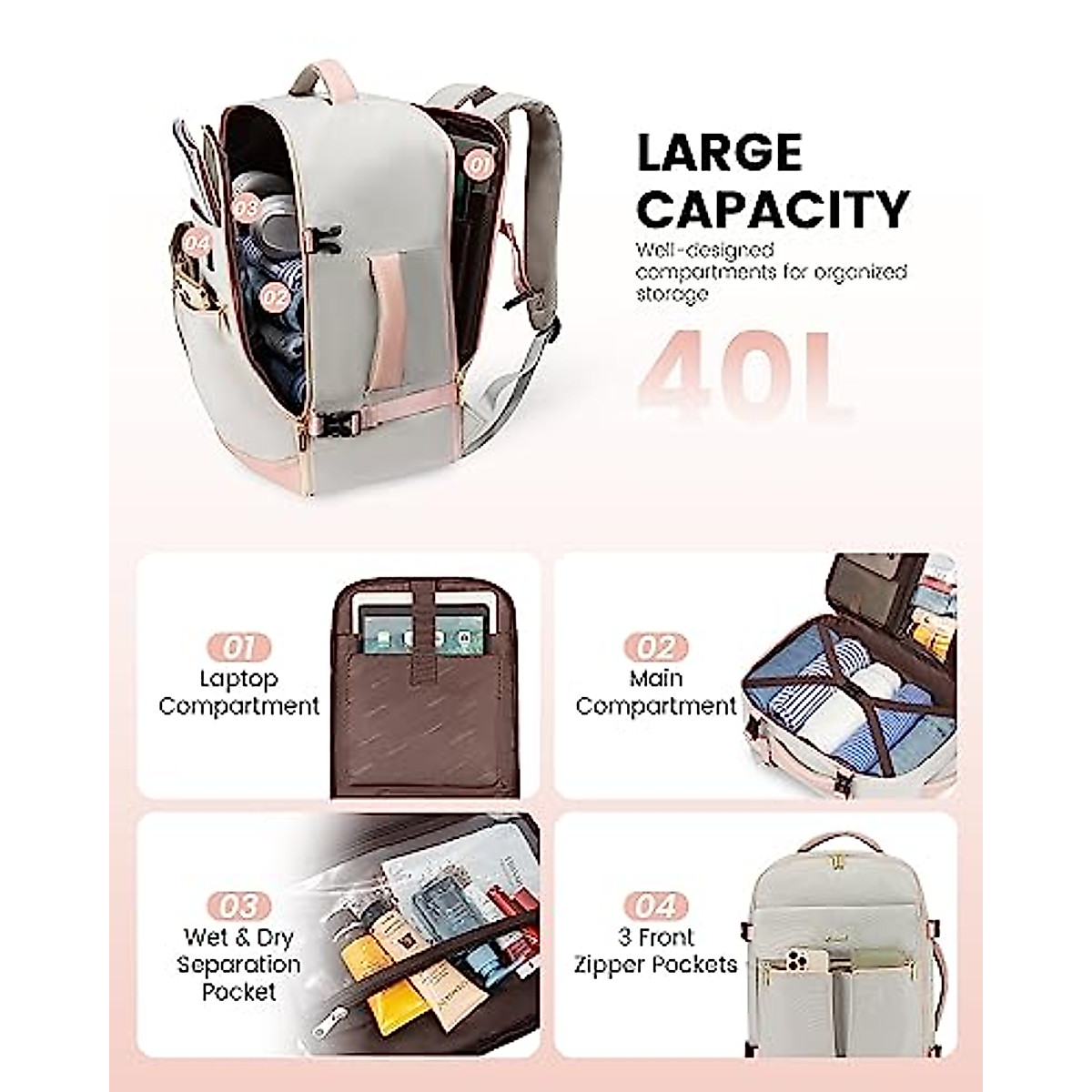 LOVEVOOK Carry On Backpack, 40L Travel Backpack Women with 3 Packing Cubes, TSA Airline Approved Suitcase Bag as Personal Item, Waterproof 17 inch Laptop Backpack for Weekender Overnight,Grey Pink