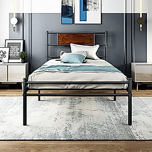 USHOW Modern Black Metal Bed Frame Twin Size with Headboard and Footboard Sturdy Metal Frame Premium Steel Slat Support Easy Assembly （Twin,Black）