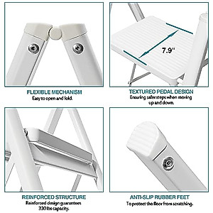 BOCOM 2 Step Ladder, Lightweight Portable Foldable Collapsible Folding Sturdy Steel Metal Step Stool with Anti-Slip Wide Pedal, Heavy Duty 330 lbs Capacity, for Home, Kitchen, Closet, Adults, White