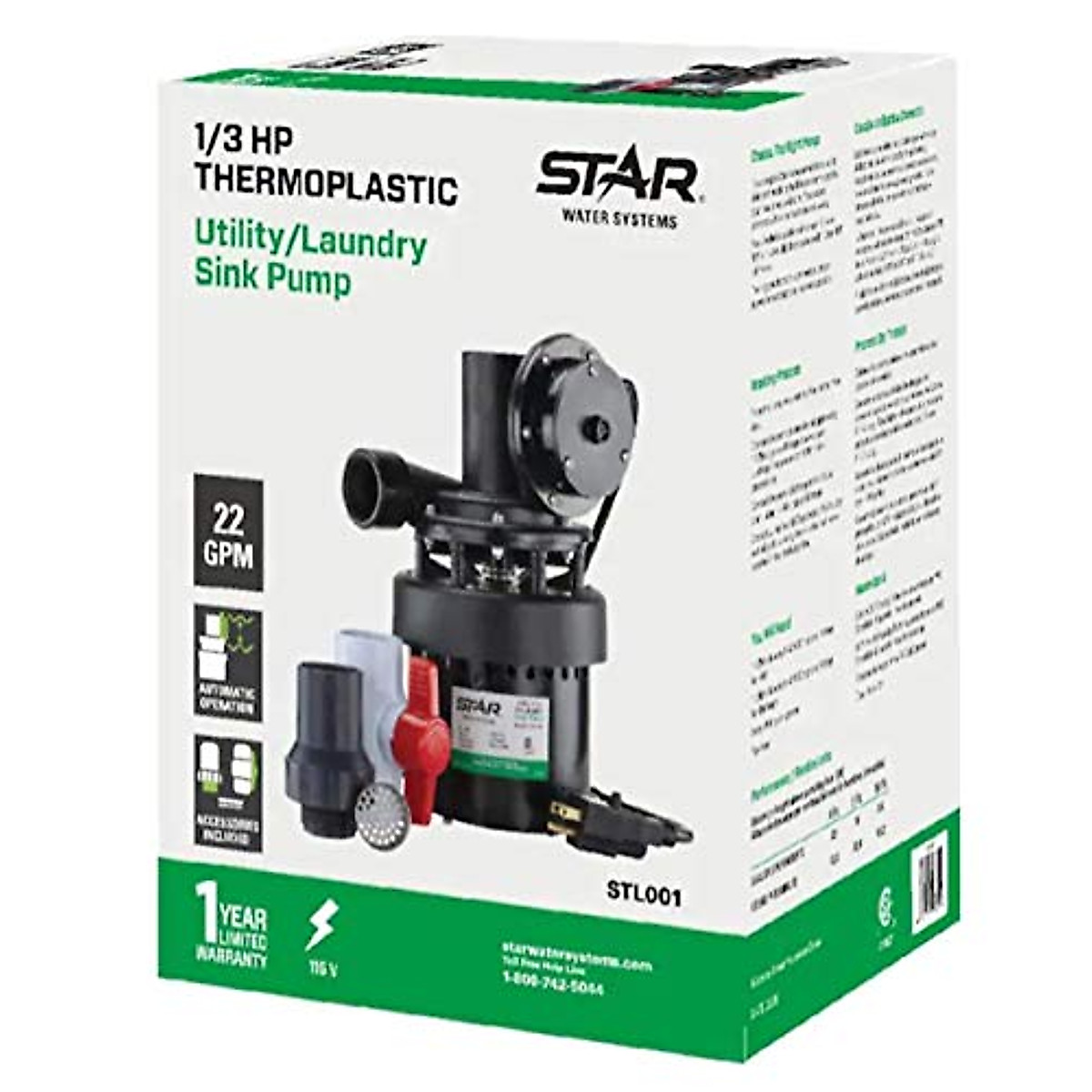 Star STL001 Automatic Utility/Laundry Sink Pump (1/3 HP) Mounts Directly Under Sink Tub, Heavy-Duty Thermoplastic, 115V, Includes Drain Screen, Check Valve & Ball Valve