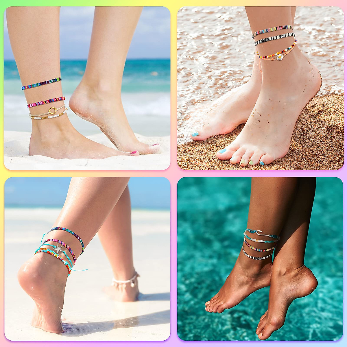 6 Pieces Ankle Bracelet Adjustable Boho Surfer Anklet Bracelet Thin Rope Unisex Handmade Beach Anklet Boho Colorful Ankle Bracelet Bohemia Anklet Chain Jewelry Festival Accessories (Ocean Style)