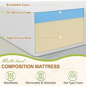 5 Inch Queen Mattress, Gel Memory Foam Queen Size Mattress, Pressure Relieving, Cooling Gel Foam, Queen Mattress in a Box, Certipur-Us Certified, Bed-in-a-Box, Queen, 80"L x 60"W x 5"Th,White