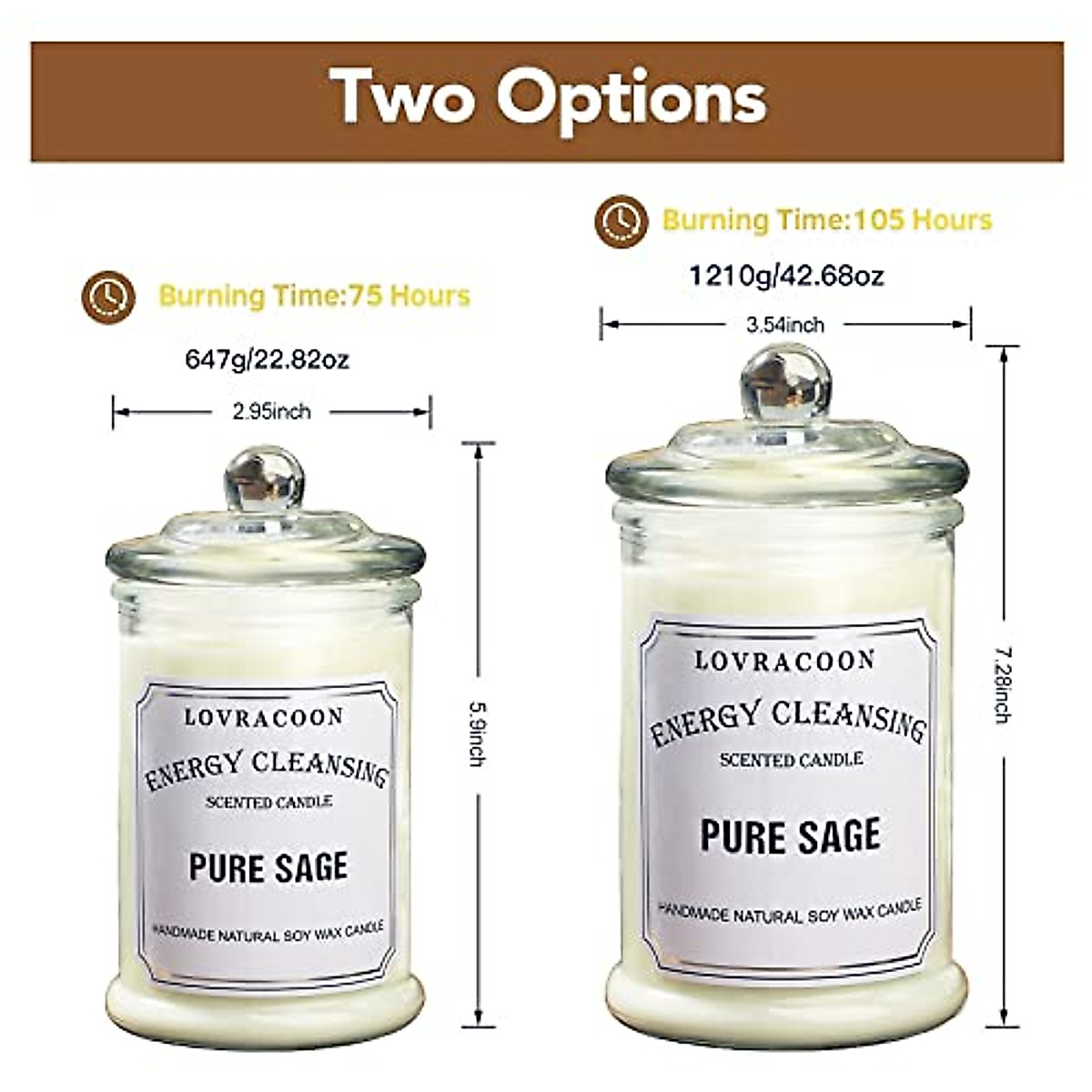 Lovracoon Pure Sage Smudge & Long Lasting Burning Jar Candle for House Energy Cleansing, Negative Energy Purification and Chakra Healing, Natural Soy Wax Jar Candle with Gift Box（White Sage,Large）