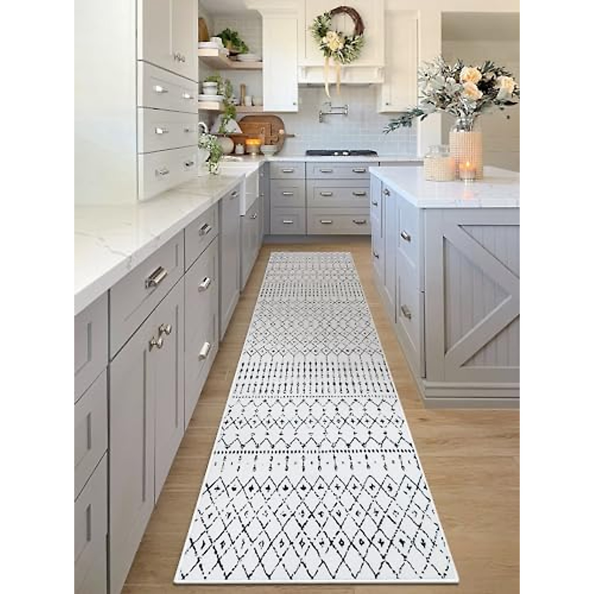LIVEBOX Black and White Runner Rug 2.5x8 - Washable Rug Runner for Hallway Thin Boho Rug for Entryway, Moroccan Non-Slip Rug for Bedroom, Geometric Throw Carpet for Bathroom Laundry Room