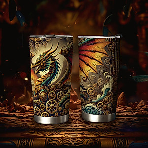 64HYDRO 20oz Steampunk Mechanical Dragon Tumbler, Engineer Mechanic Dragons, Gaming, Gamers Gifts for Dragon Lovers, Stainless Steel Double Wall Vacuum Insulated Coffee Mug, Travel Cup with Lid