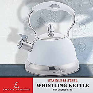 Emeril Lagasse 2.6 Quart/2.5 Liter Whistling Tea Kettle, Stainless Steel Tea Pot for Induction Stove Top, Fast to Boil Water for Home Kitchen Condo, with Ergonomic Cool Folding Grip Handle, White