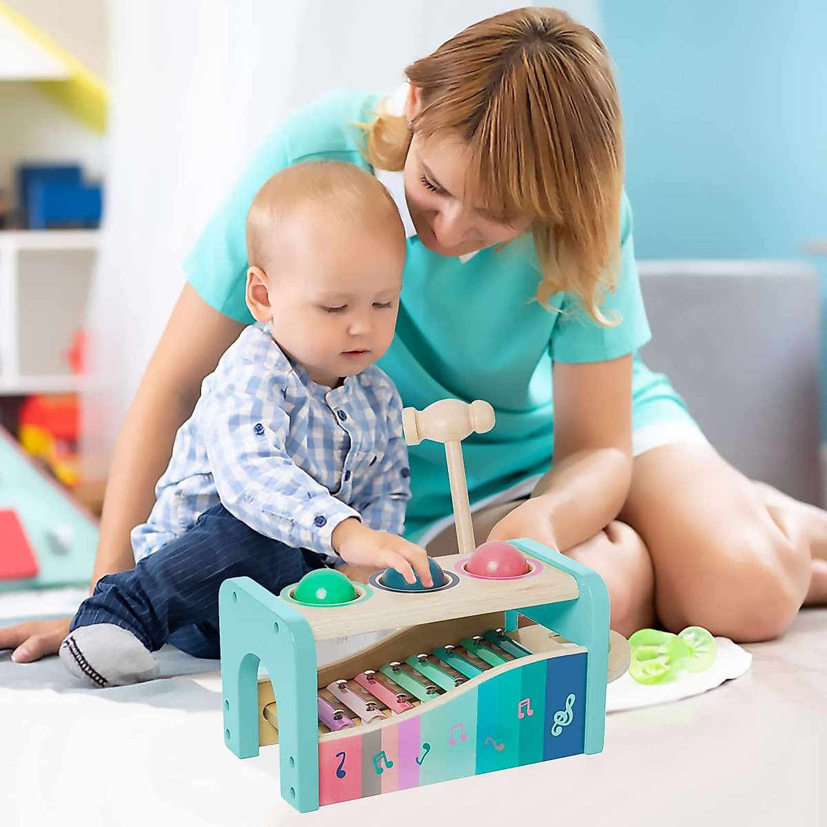 NUKied Musical Pounding Toy for Educational Play, Wooden Montessori Baby Musical Toys with Hammer and Slide Out Xylophone for Toddlers