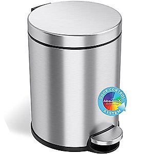 iTouchless SoftStep 1.3 Gallon Small Round Bathroom Step Trash Can with Removable Inner Bucket and AbsorbX Odor Filter, Stainless Steel, 5 Liter Pedal Garbage Bin for Bedroom, Office Cubicle