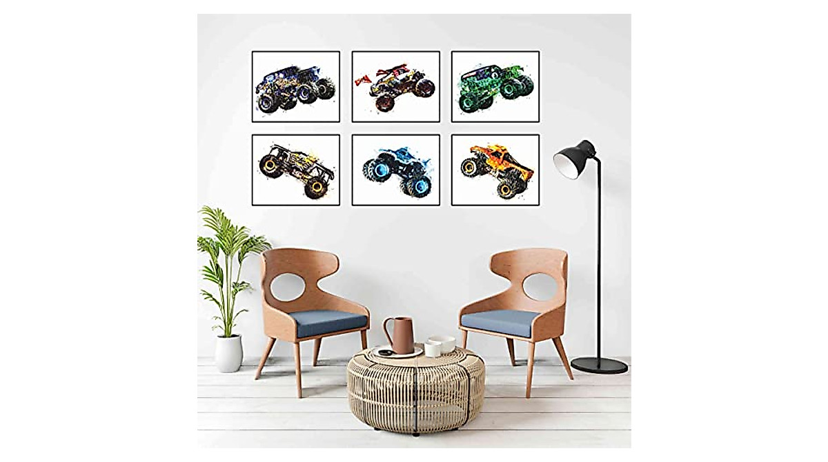 Monster Truck Posters for Boys Room - Set of 6 Wall Art Prints