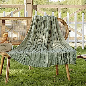 Amélie Home Sage Green Cable Knit Wool Throw Blankets Soft Cozy and Lightweight for Couch Sofa Bedroom, Suitable for Spring Summer, 50'' x 60''