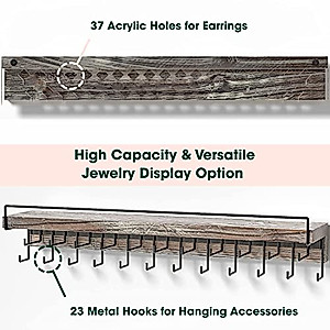 J JACKCUBE DESIGN Wall Mount Necklace Holder Jewelry Hanger with 23 Hook Necklace & Bracelet Racks, Rustic Farmhouse Wood Earring Display with Clear Acrylic - MK585A