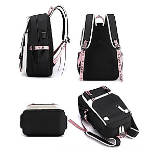 JiaYou Teenage Girls' Backpack Middle School Students Bookbag Outdoor Daypack with USB Charge Port (21 Liters, Black Pink)