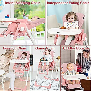 INFANS 4 in 1 High Chair–Booster Seat, Convertible Highchair w/Adjustable Height and Recline,Removable Tray,DetachableCushion, Installation-Free,Simple Fold for Baby, Infant& Toddler (Pink)