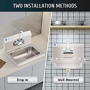 WILPREP Commercial Stainless Steel Sink for Hand Washing, NSF Commercial Utility Sink with Gooseneck Faucet, Wall Mount Kitchen Sink for Restaurant Bar RV Bathroom Laundry Room (17 x 15 Inches)