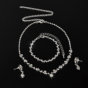 Jmkcoz Women Jewelry Set Silver Necklace Earrings Bracelet Rhinestone Crystal Bridal Wedding Jewelry Sets for Brides Bridesmaid Wedding Party (Style 2)