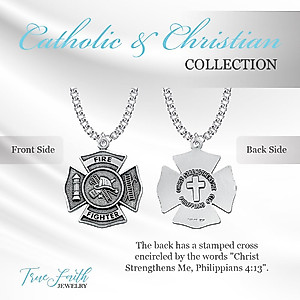 TrueFaithJewelry Sterling Silver Fire-Fighter Shield Medal Cross Pendant Necklace, 1 Inch
