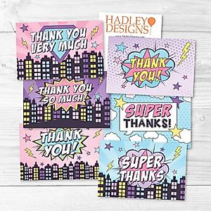 24 Pink Superhero Thank You Cards With Envelopes, Girls Kid Birthday Party or Adult Comic Bam Pow Gratitude Supplies For Grad, Baby or Bridal Wedding Shower, Boy Children or Woman Hero Stationery