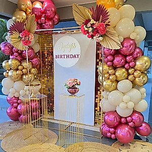 130PCS Metallic Magenta Hot Pink Balloon Garland Arch Kit, Chrome Fuchsia Gold Sand White Balloons for Bachelorette Wedding Anniversary Baby Shower Birthday Party Decoration Supplies