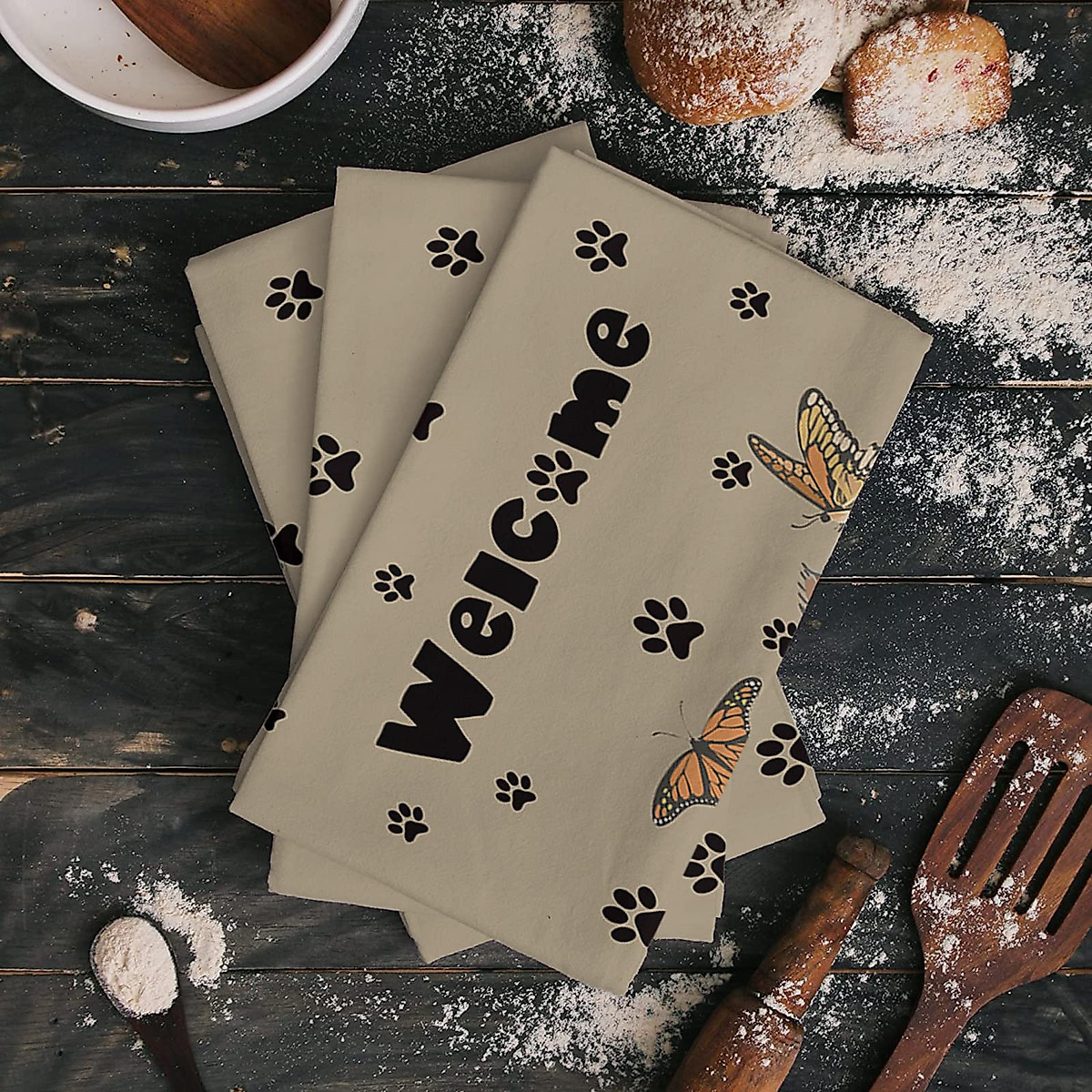 Big buy store Kitchen Towels Set of 4 Cat Welcome Butterfly Dish Towels and Dishcloths Sets Decorative Tea Towel Retro Paws Absorbent Hand Towels for Kitchen Drying Bathroom Decor Gift 18x28 Inch