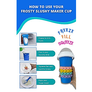 FROSTY - Magic Slushy Maker Squeeze Cup - Tiktok Smoothie- Frozen Drink - Soda Slushie - Ice Cream - Bonus Straw Spoon, Brush Cleaner, Pop It Squeeze Sleeve & Recipe