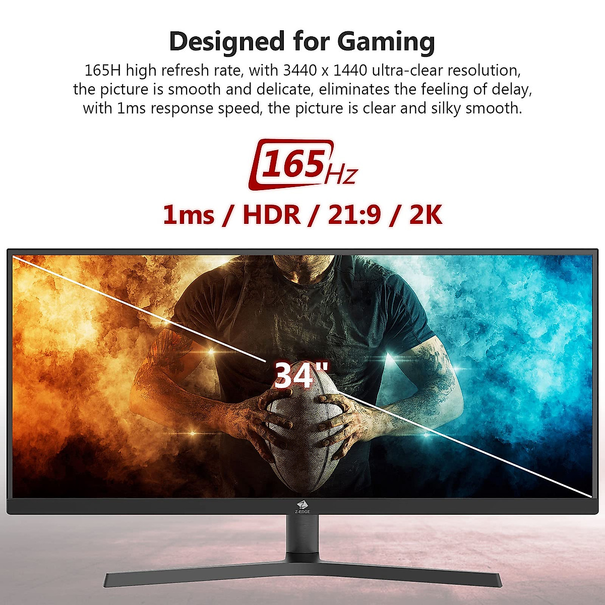 Z-Edge UG34W 34-inch Gaming Monitor, 165Hz Refresh Rate/1ms Response Time, Frameless Ultrawide Monitor, 3440 x 1440 Display, 21:9 Aspect Ratio, AMD FreeSync Technology