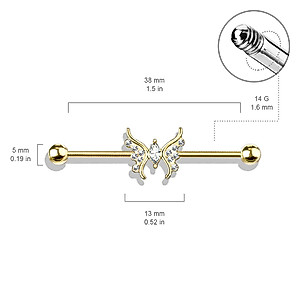 Pierced Owl Crystal Paved Butterfly Stainless Steel Industrial Barbell (Rose Gold Tone/Clear)
