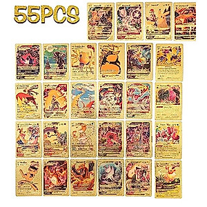 55 PCS Golden Foil Cards Assorted Rare Cards Deck Box Collection's Packs TCG Rare Cards V Series Cards Vmax Rares EX Card Basic Cards for Kids and Adults Intellectual Gameplay